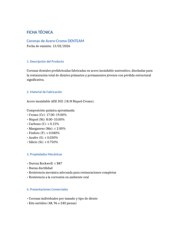 Ficha Tecnica Coronas Acero Cromo DENTEAM | PDF