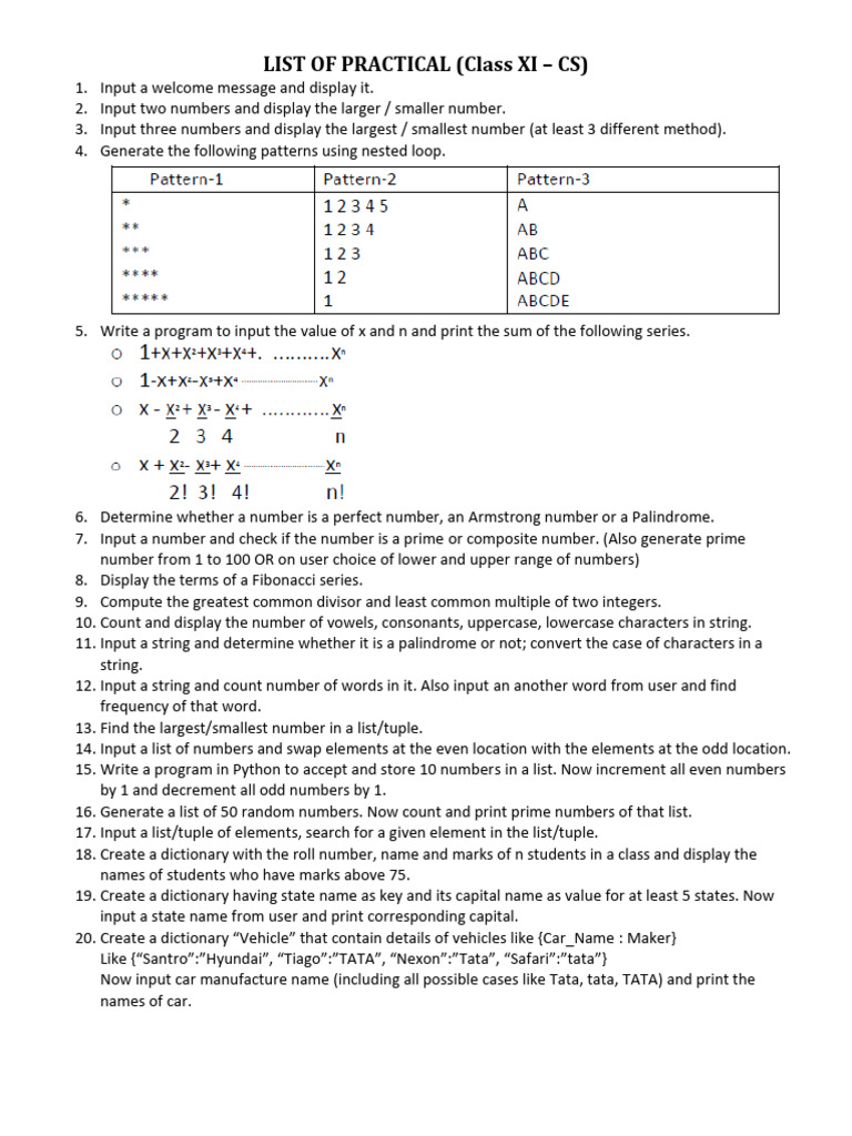 Class - 11 CS - Practical List 2024-25 | PDF