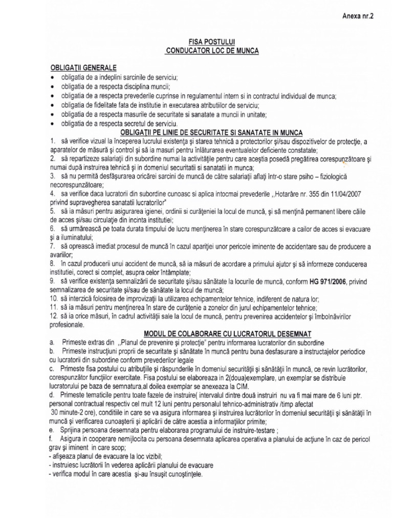 Fisa Postului Conducator Loc de Munca | PDF