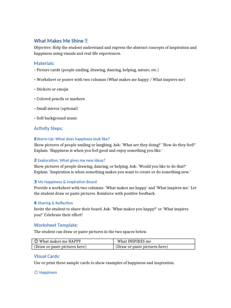What Makes Me Shine Activity | PDF