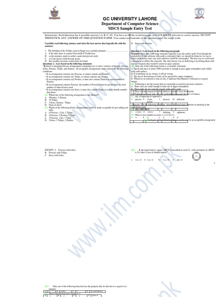 MSCS Entry Test Sample Papers | PDF | Asteroid | Earth
