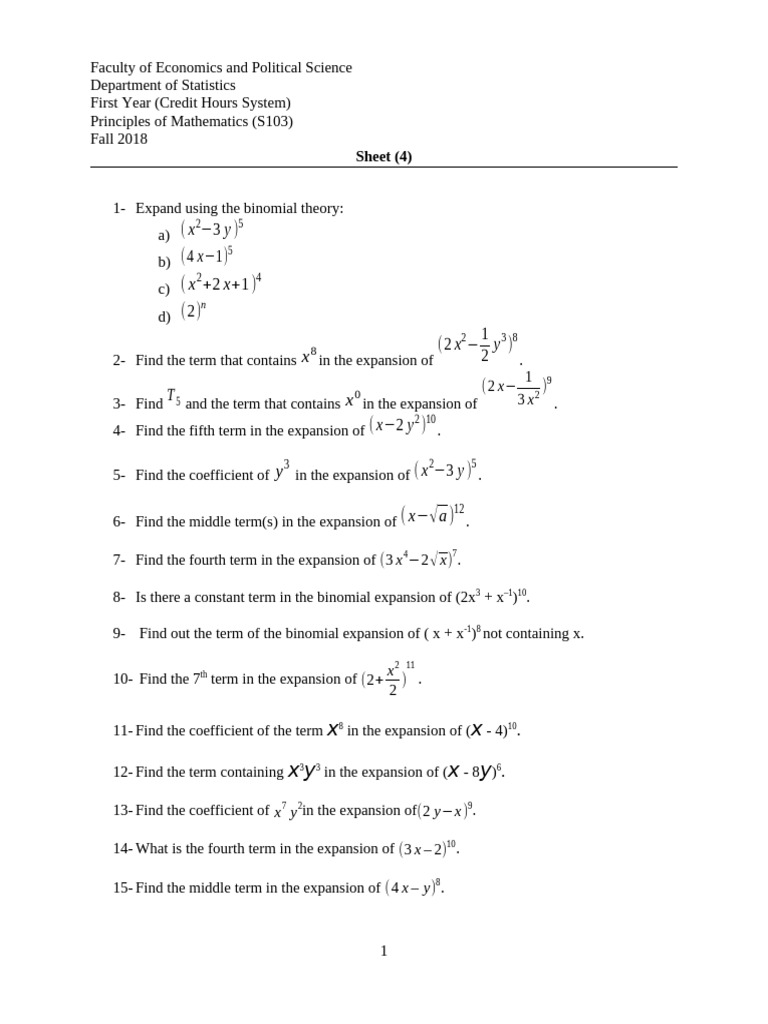 Sheet (4) - Binomial Thoerem | PDF | Mathematics | Algebra