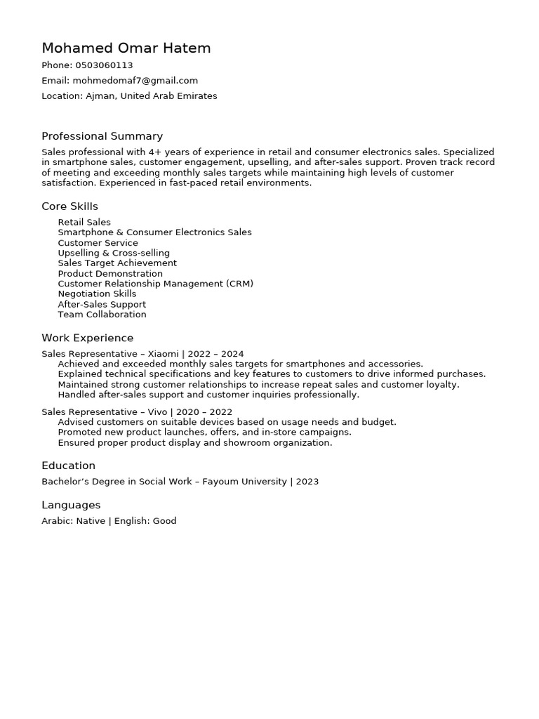 Mohamed Omar Hatem CV en ATS V2 | PDF