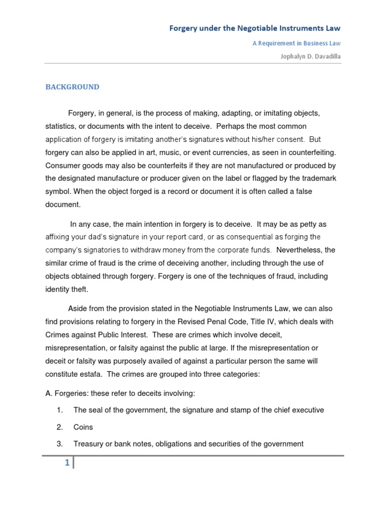 Background: Forgery Under The Negotiable Instruments Law | PDF | Negotiable Instrument | Forgery