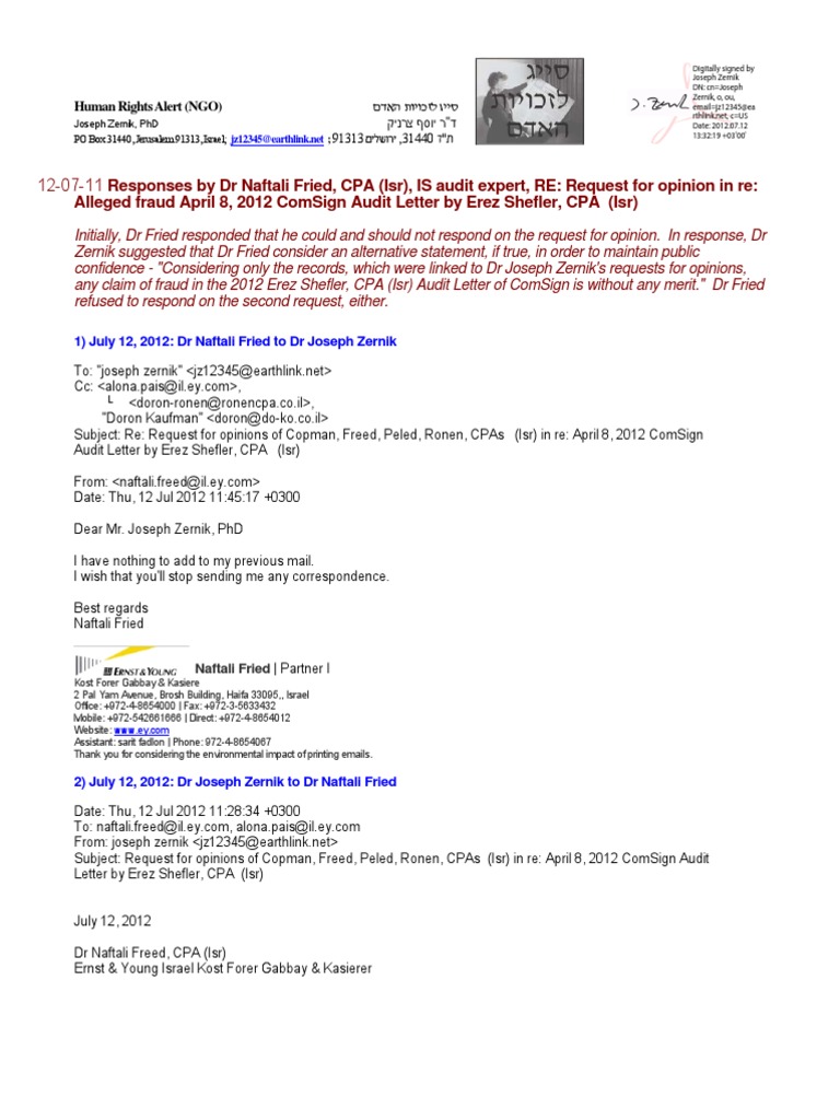 Alleged Fraud April 8, 2012 Comsign Audit Letter by Erez Shefler, Cpa ...
