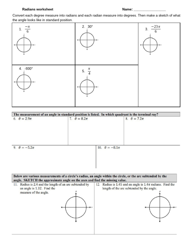 Radians Worksheet 3.2 | PDF