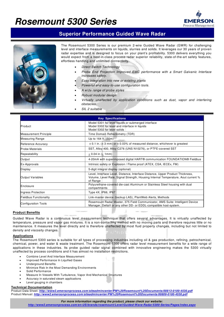 Rosemount 5300 Guided Wave Radar Level Series - 2010 Rev | PDF ...