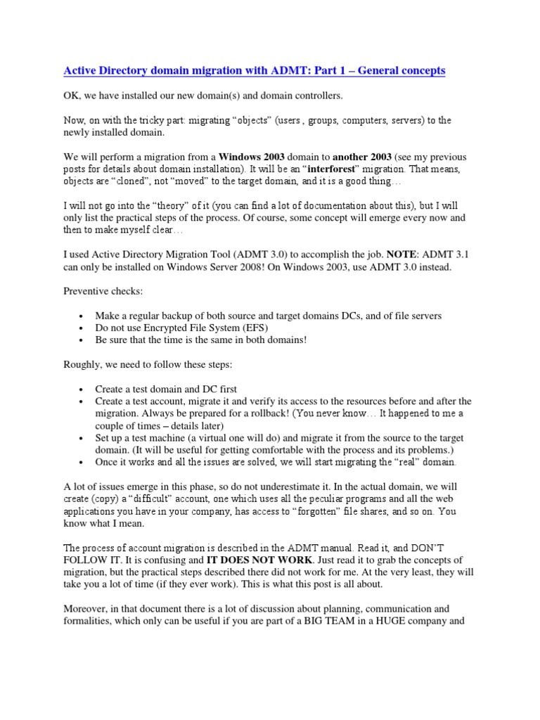 Active Directory Domain Migration With ADMT | PDF | Active Directory ...