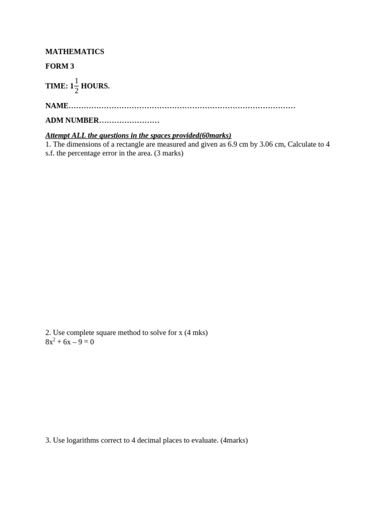 Form 3 Mathematics Mid Term 1 Examination | PDF