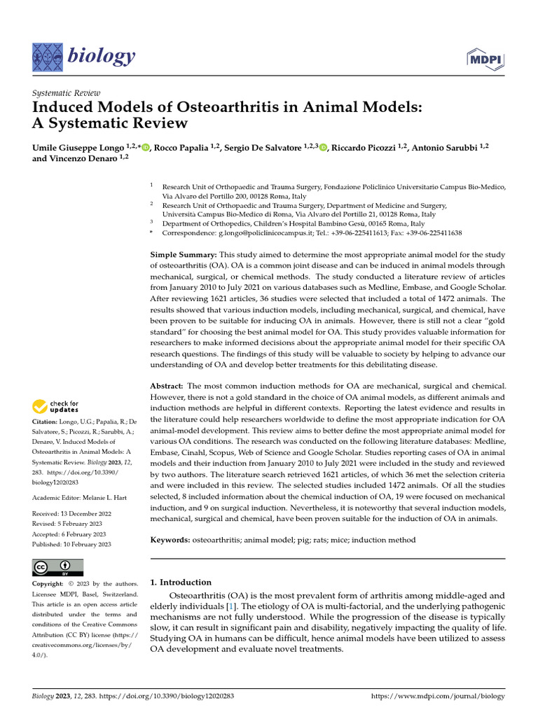Induced Models of Osteoarthritis in Animal Models: A Systematic Review ...
