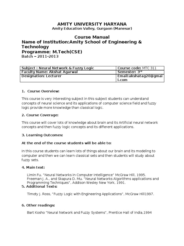 Neural Network & Fuzzy Logic Course Manual | PDF | Artificial Neural Network | Fuzzy Logic