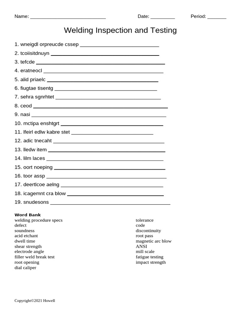 Welding Inspection and Testing: Name: - Date: - Period | PDF | Welding ...