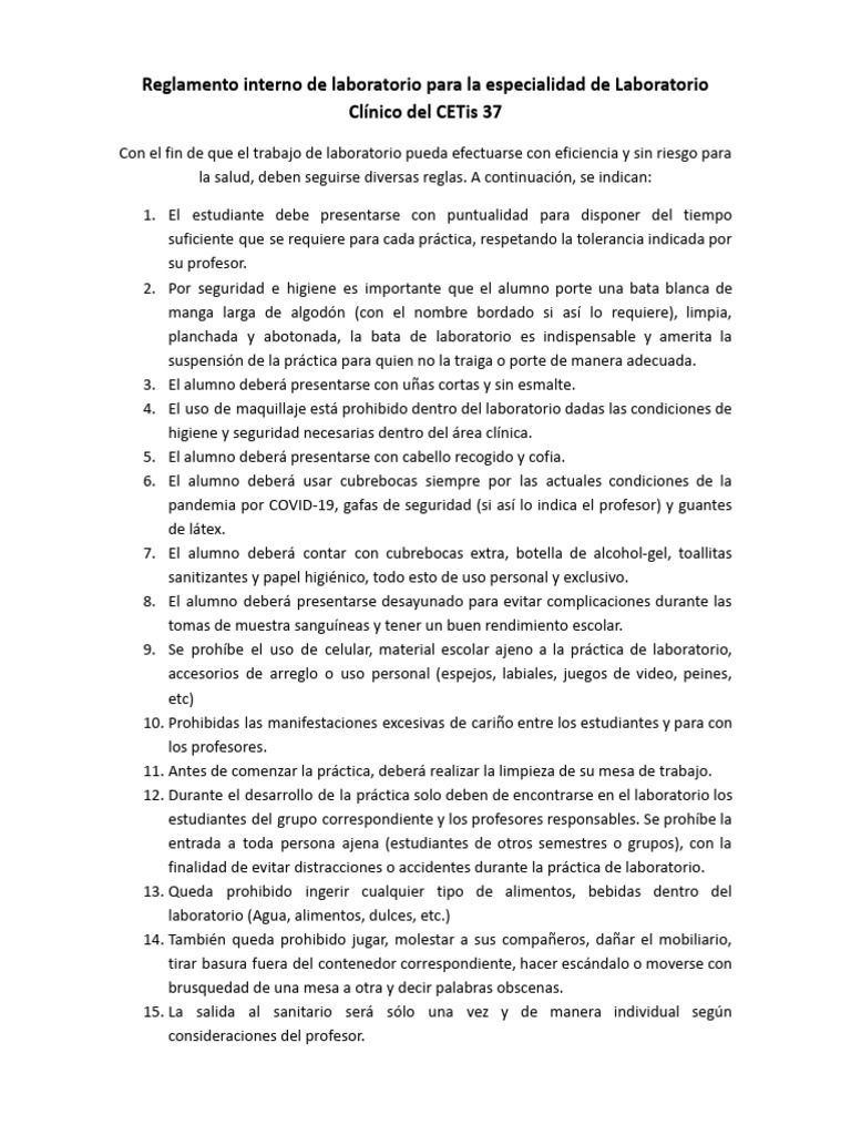 Reglamento Laboratorio Cli-nico.docx | PDF | Laboratorios