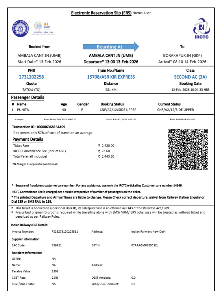15708/asr Kir Express Second Ac (2A) | PDF | Identity Document | Payments