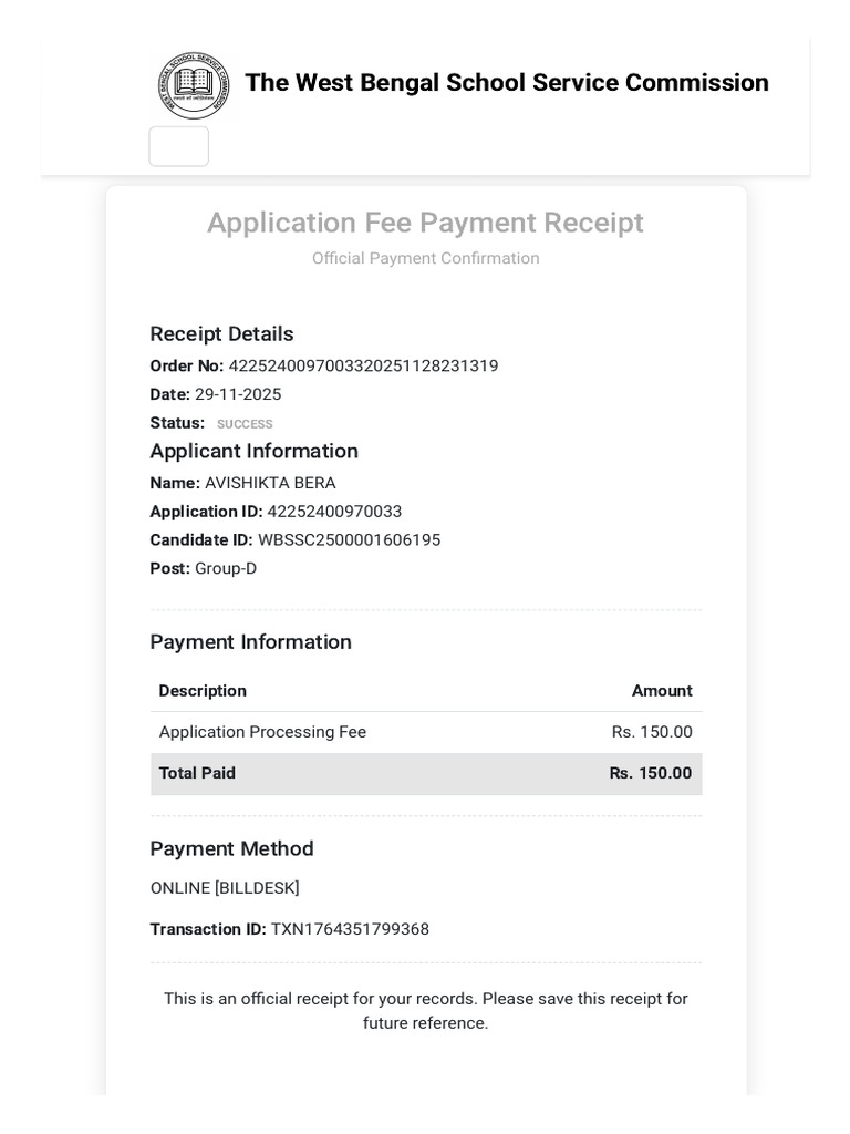 WBSSC - Fees Payment Receipt | PDF