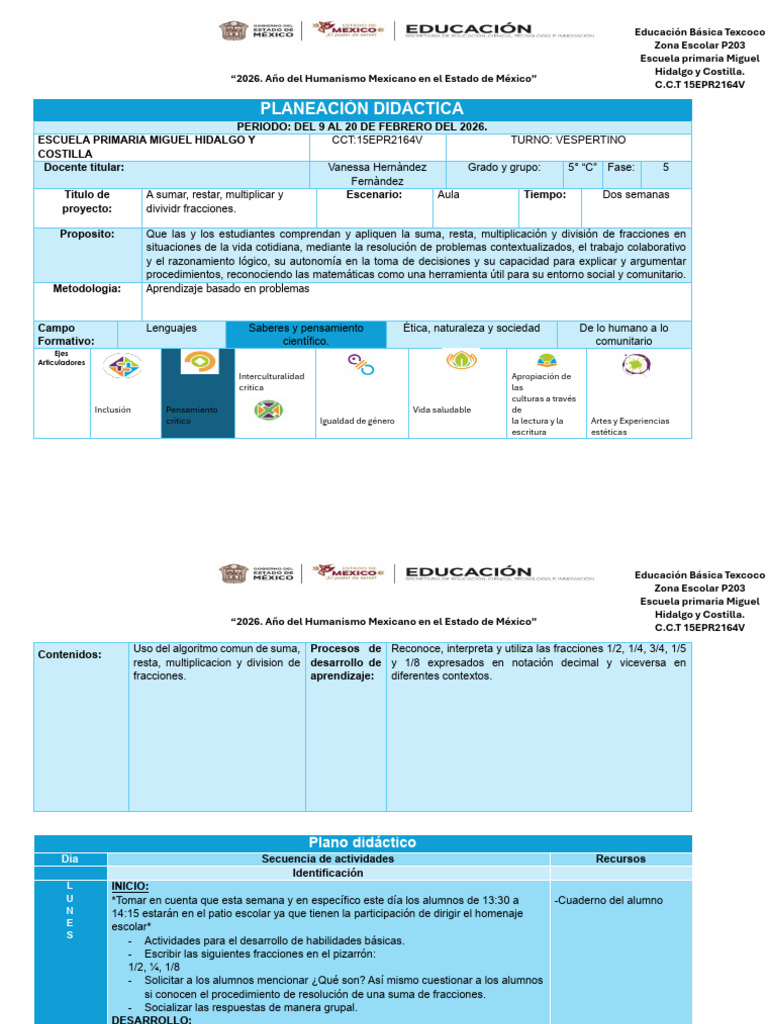 Planeacion Del 9 Al 20 de FEBRERO_114043 | PDF | Educación primaria ...
