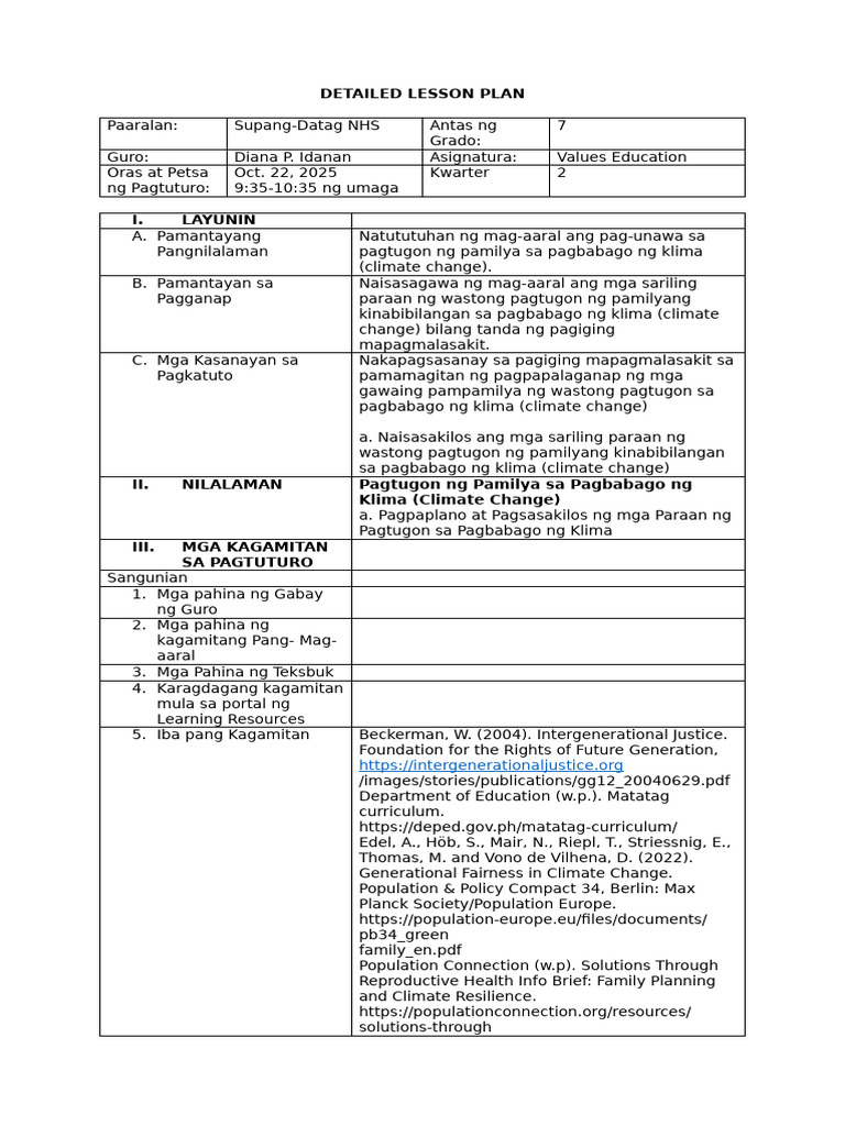 Detailed Lesson Plan in Values Education | PDF