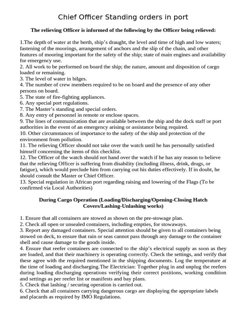 Chief Off Standing Order For Port | PDF | Ships | Water Transport