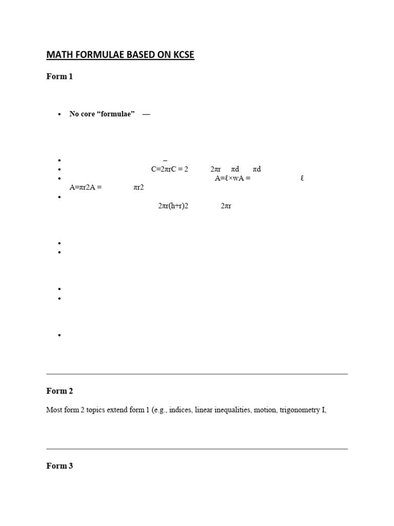 Math Formulae Based On Kcse | PDF | Area | Pi