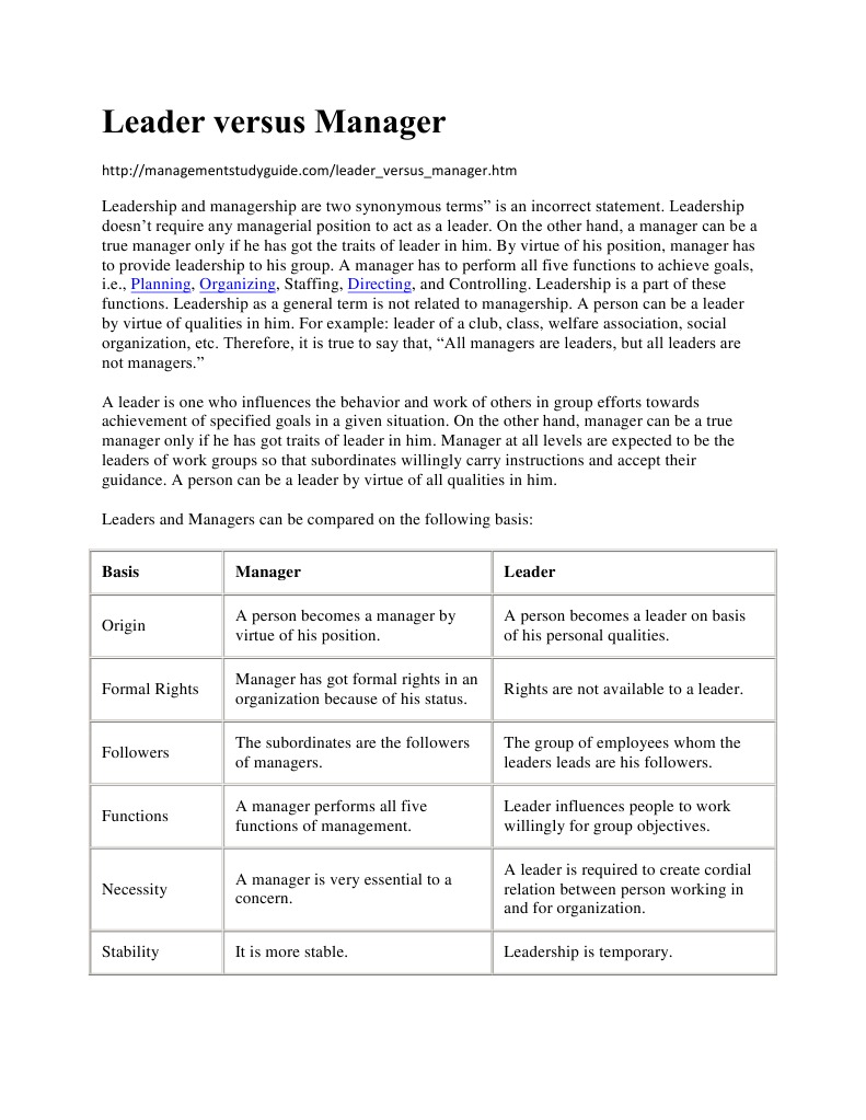 Leader Versus Manager | PDF | Industrial And Organizational Psychology ...
