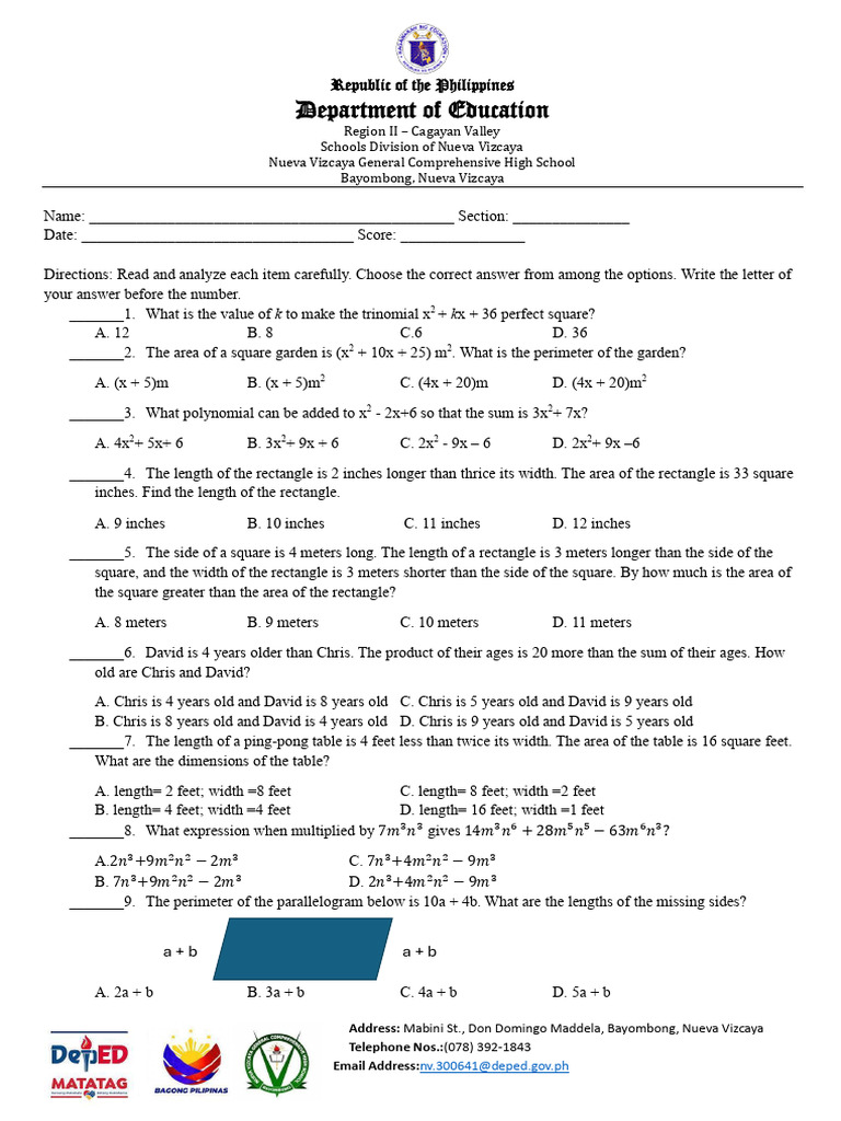 Nvgchs Math 8 Quarter 1 | PDF | Mathematical Analysis | Mathematics