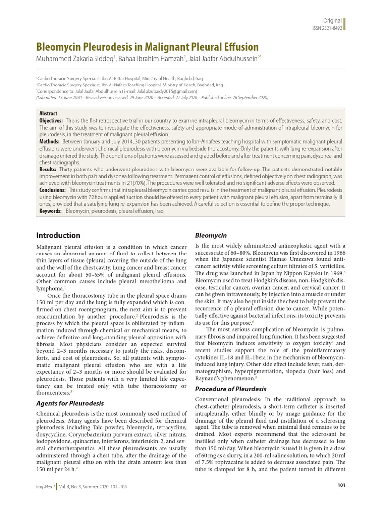 Bleomycin Pleurodesis in Malignant Pleural Effusion | PDF | Diseases ...