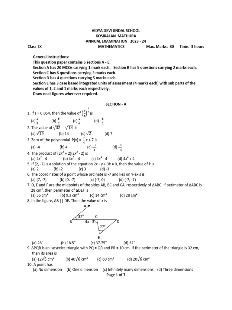 Sample Question Paper - 1 Mathematics IX | PDF | Area | Mathematics