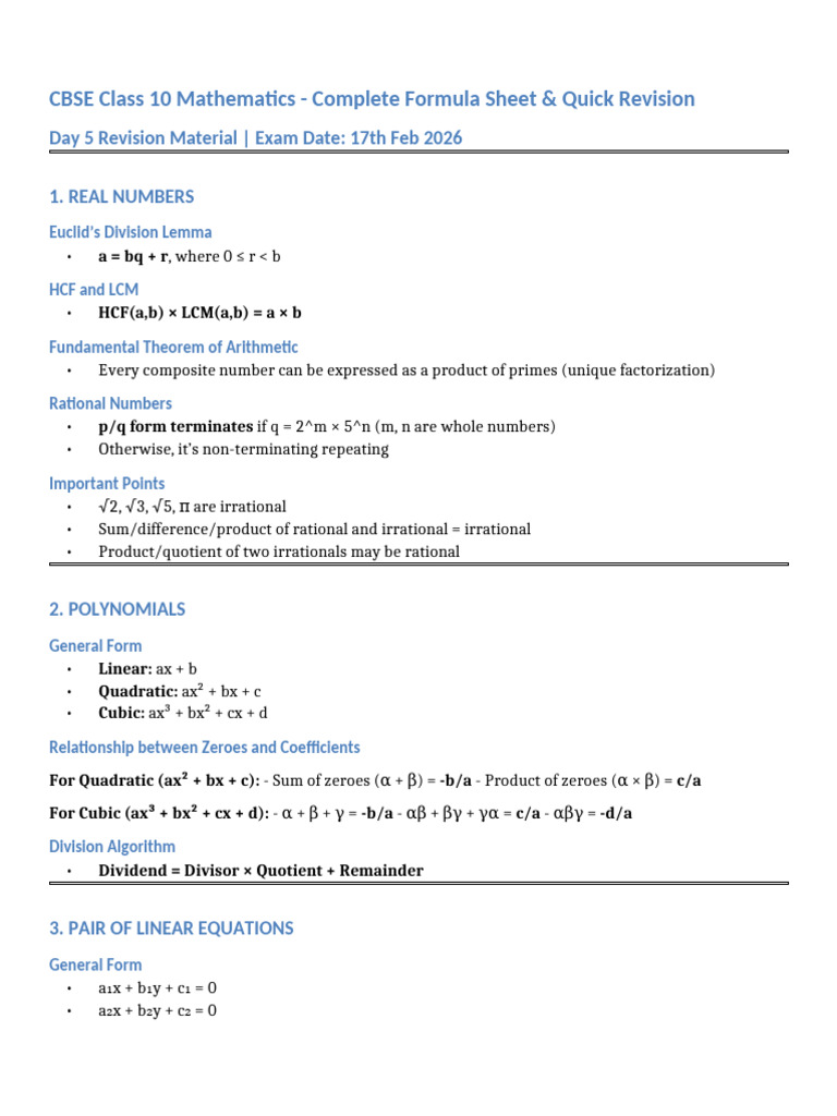 Class10 Maths Formula Sheet Revision | PDF | Mathematics