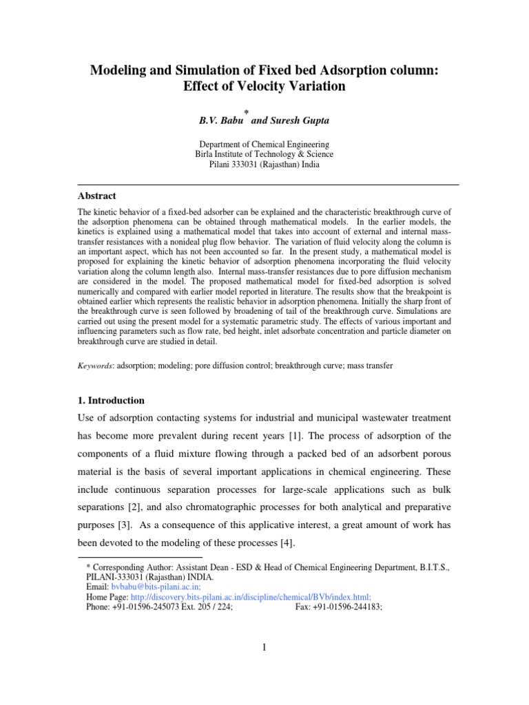 Modeling and Simulation of Fixed Bed Adsorption Column: Effect of ...