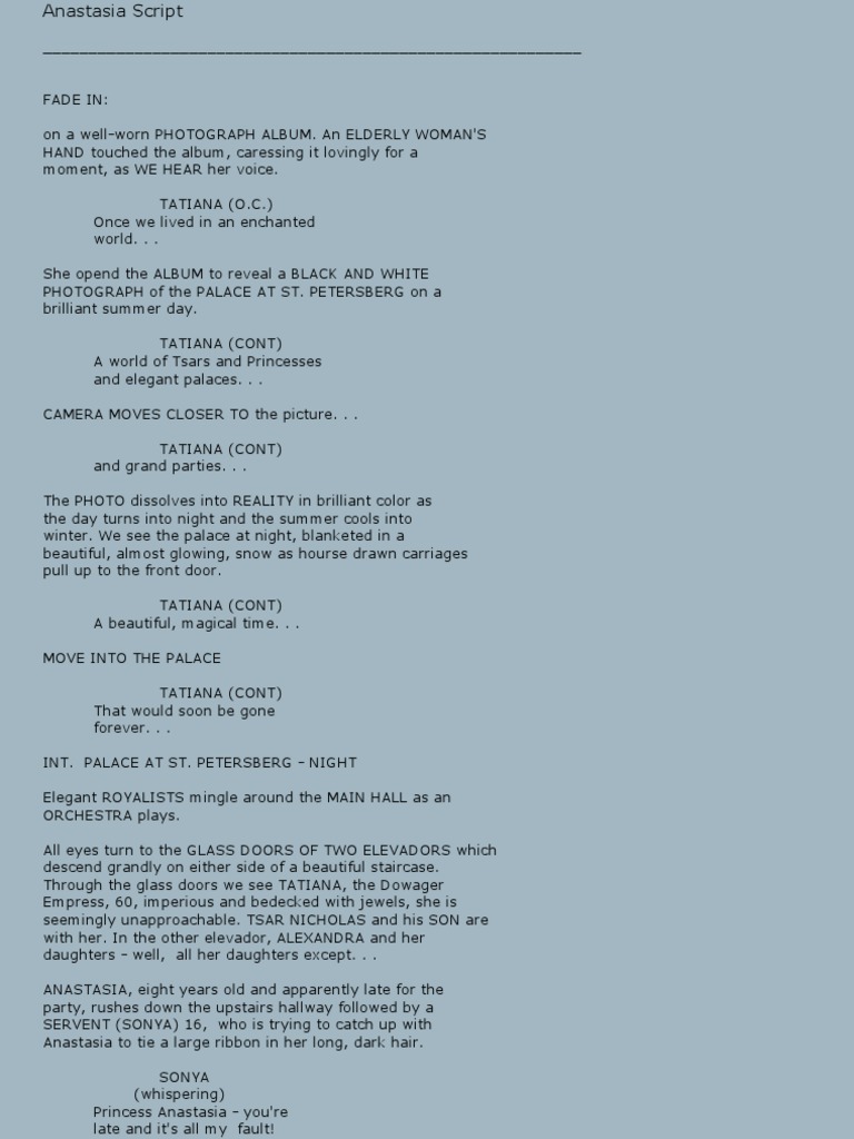 Anastasia Original Script (Draft) - Fox 1997 | Leisure