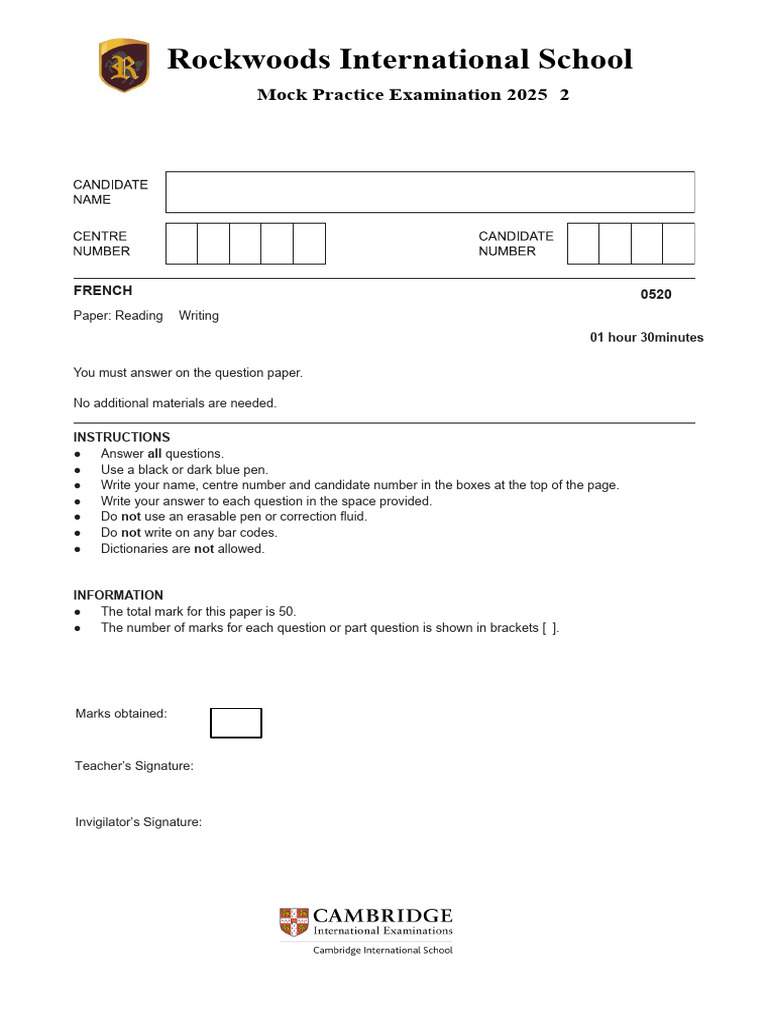 Mock g8 French Examination | PDF