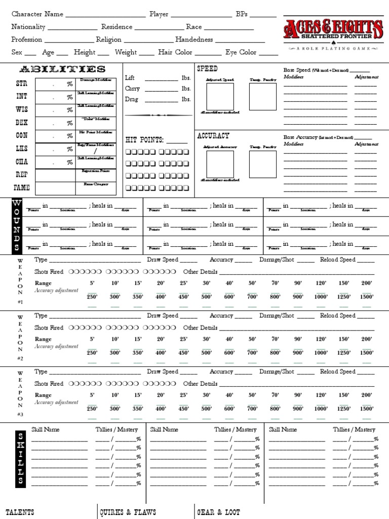 Aces and Eights Character Sheet 1.06 | PDF | Horses | Leisure