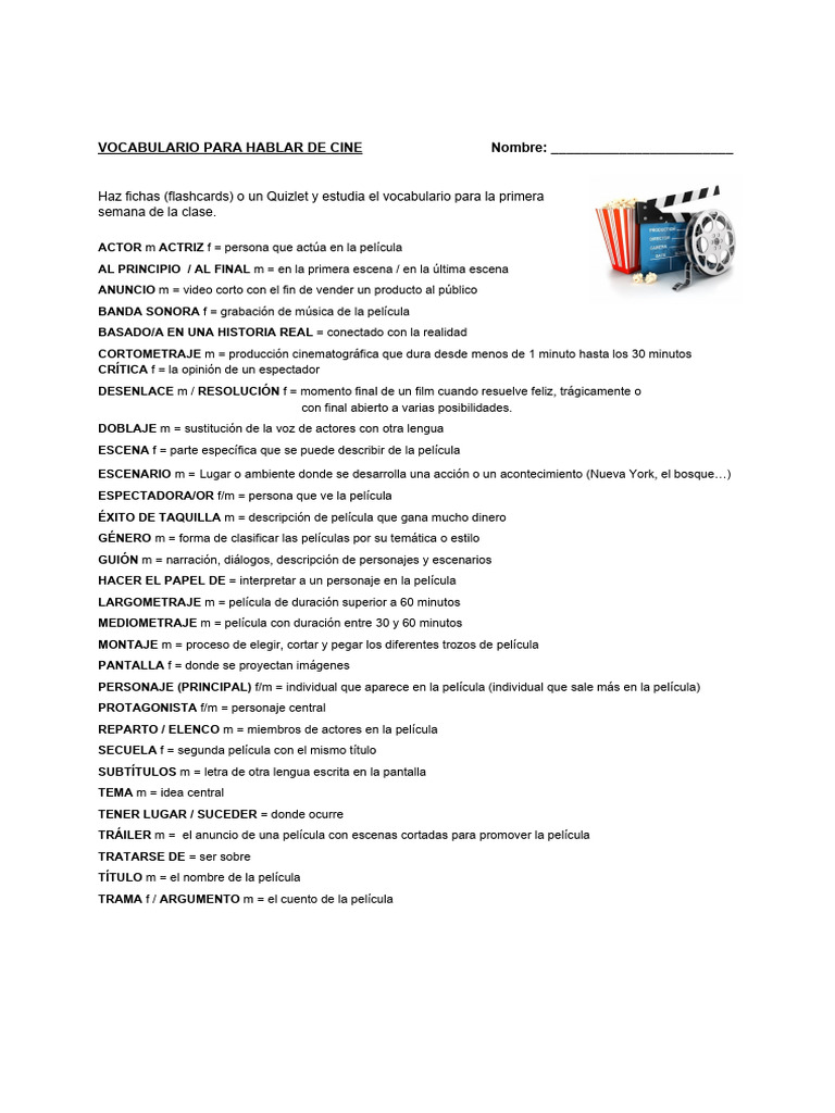 Spanish V Cinema - Vocabulary List | PDF