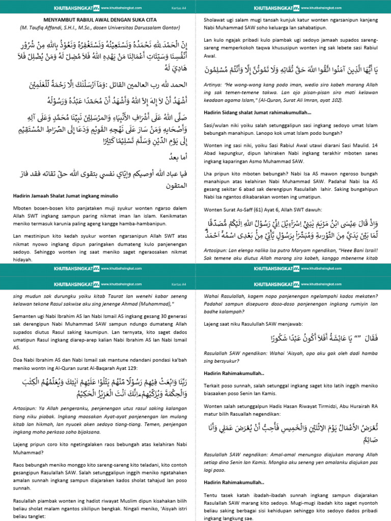 Khutbah Jum'at Bahasa Jawa - Menyambut Rabiul Awal Dengan Suka Cita | PDF