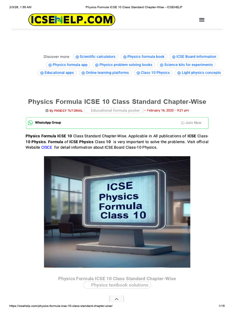 Physics Formula ICSE 10 Class Standard Chapter-Wise - ICSEHELP | PDF ...