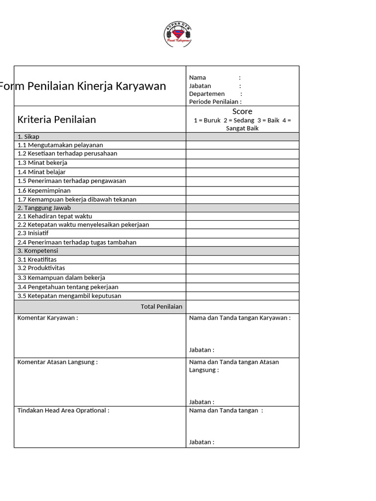 Form Penilaian Kinerja Karyawan | PDF