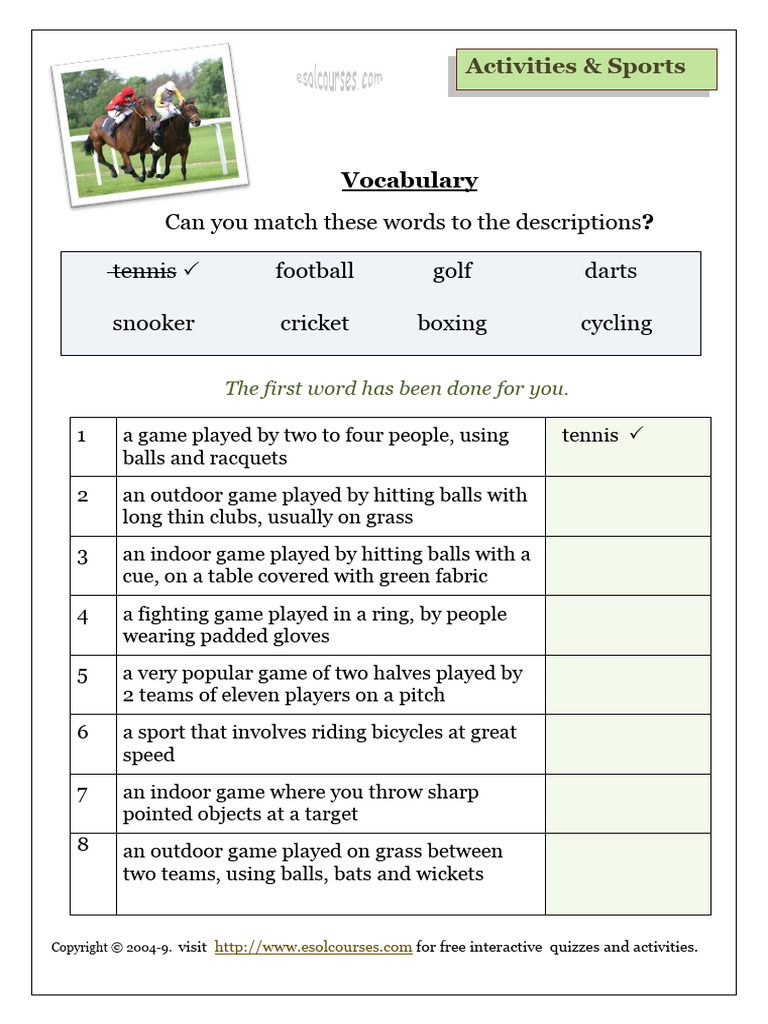 Elementary Level ESOL Sports Vocabulary Lesson Worksheets | PDF | Sports