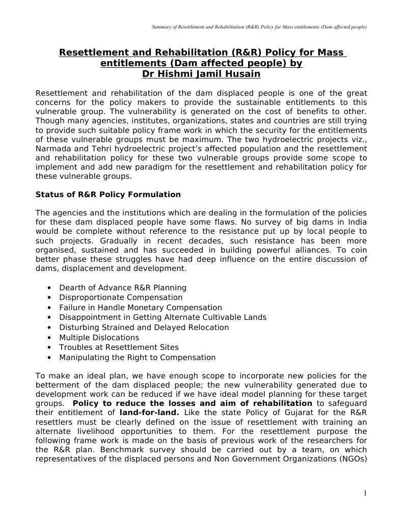 Resettlement and Rehabilitation (R&R) Policy For Mass Entitlements (Dam ...
