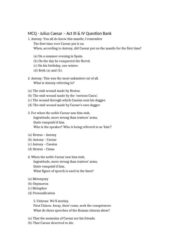 Julius Caesar Act III IV Question Bank | PDF | Mark Antony | Julius Caesar