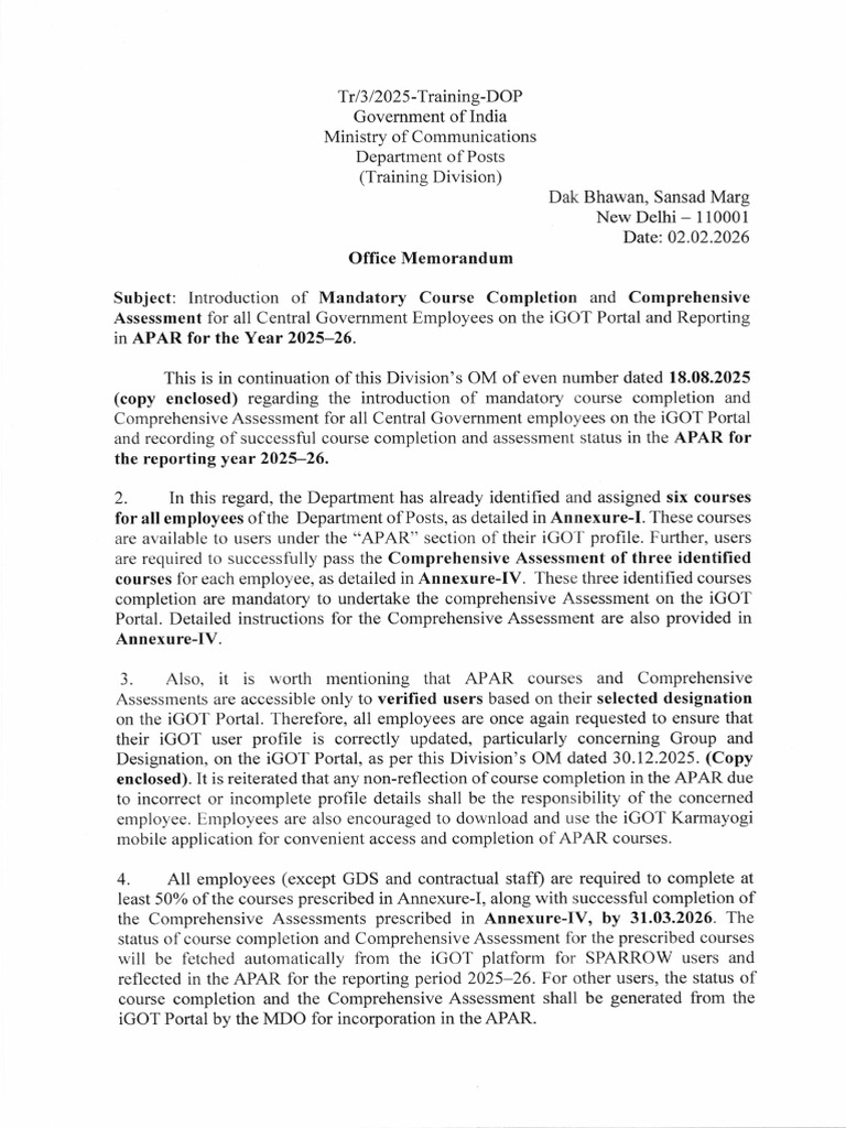 OM Dated 02.02.2026 - Introduction of APAR Mandatory Courses ...