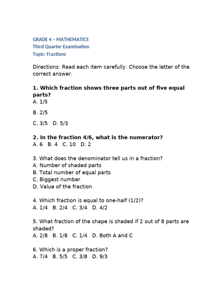 Grade 4 Math Q3 Fractions Exam | PDF | Chess Theory | Chess