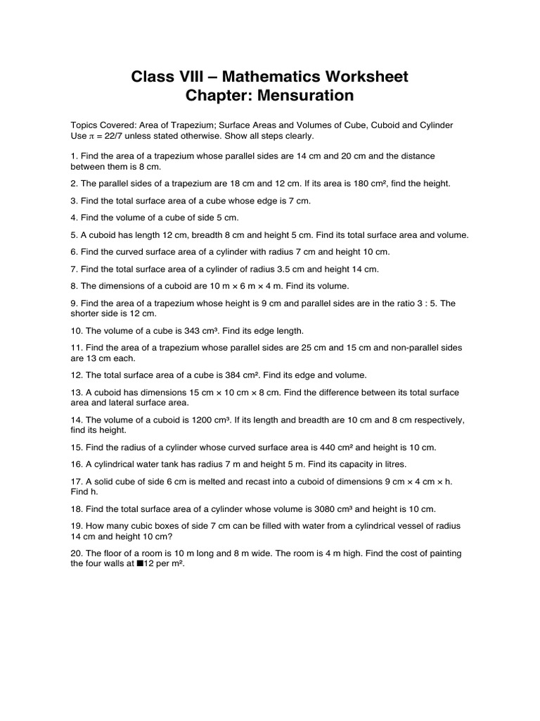 Class 8 Mensuration Worksheet | PDF