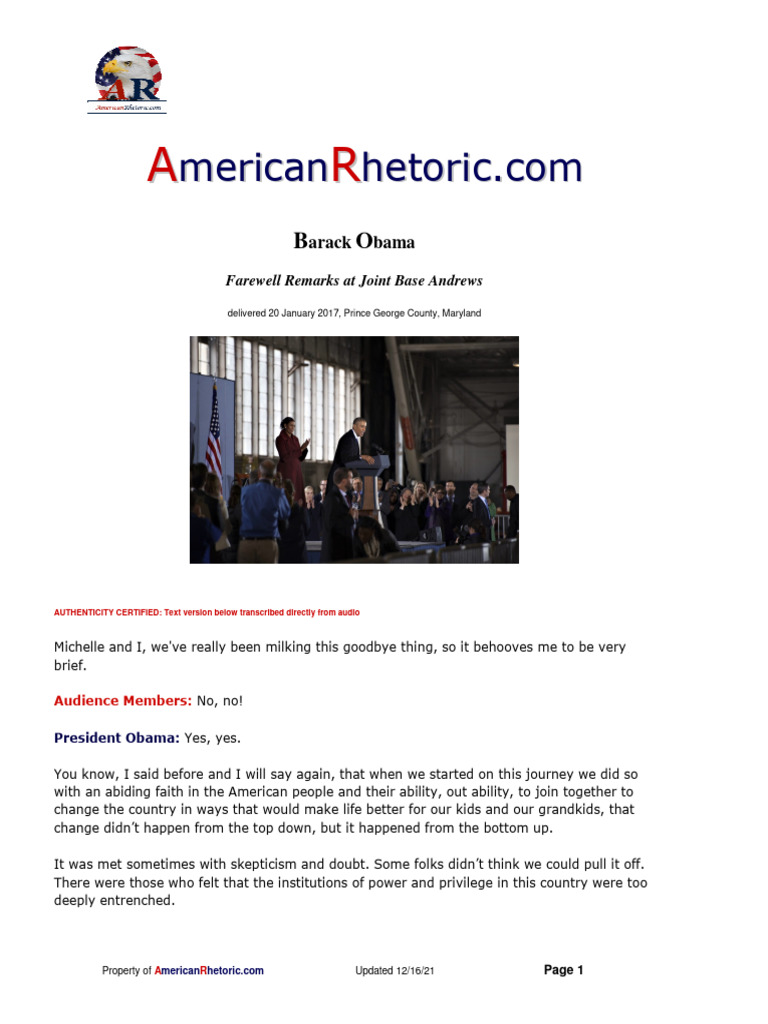 Barack Obama - Farewell To Staff and Supporters | PDF