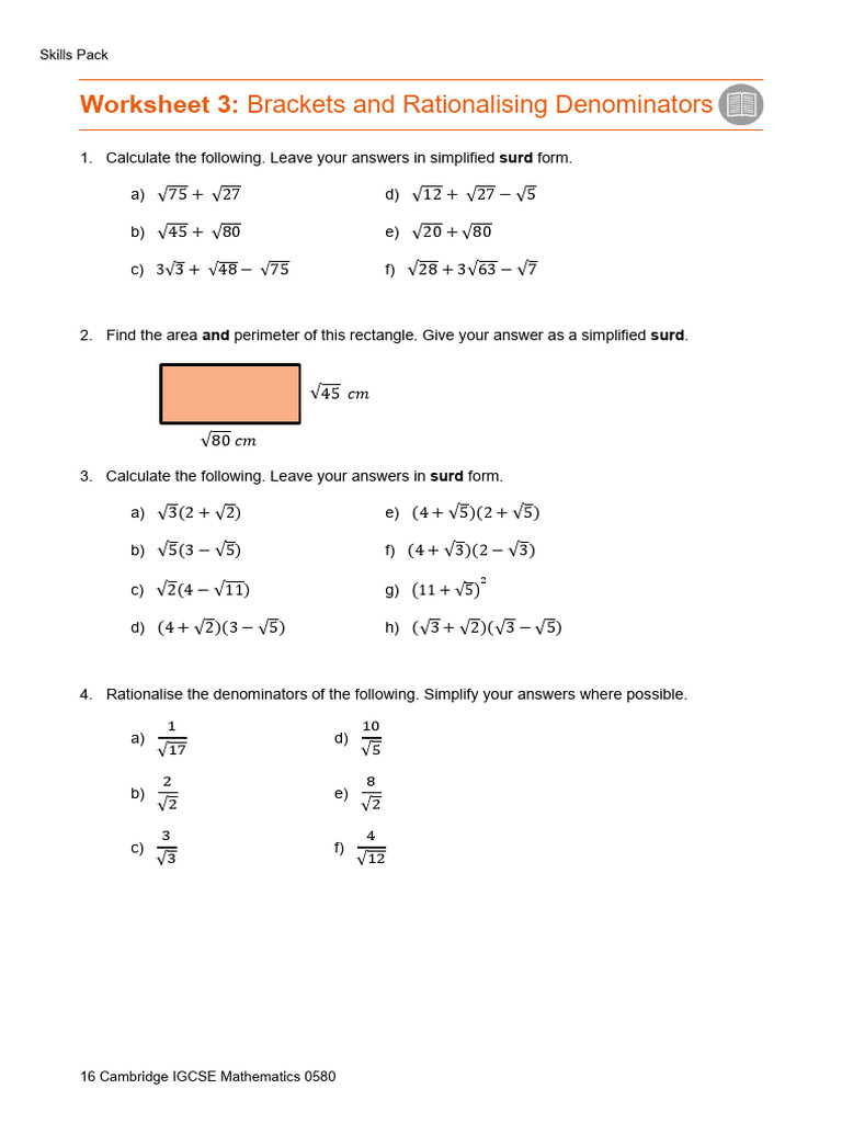 Surds - Worksheet 3&4 | PDF