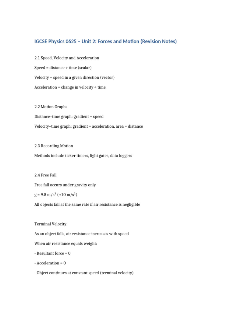0625 Physics Unit 2 Forces and Motion Revision Notes WITH Terminal ...