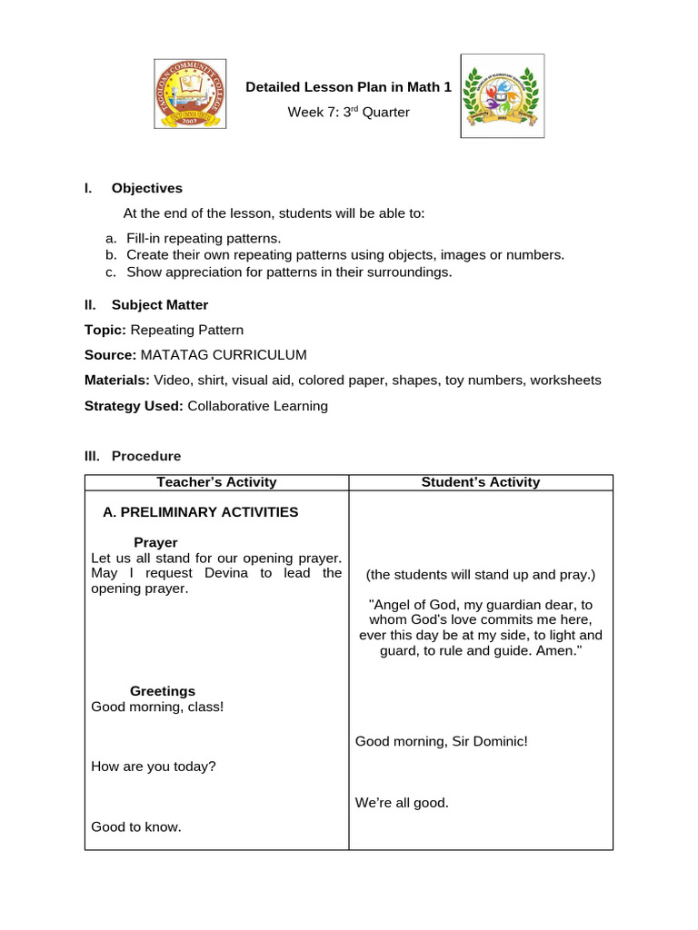 Final Detailed Lesson Plan (Math Teaching) | PDF | Pattern | Lesson Plan
