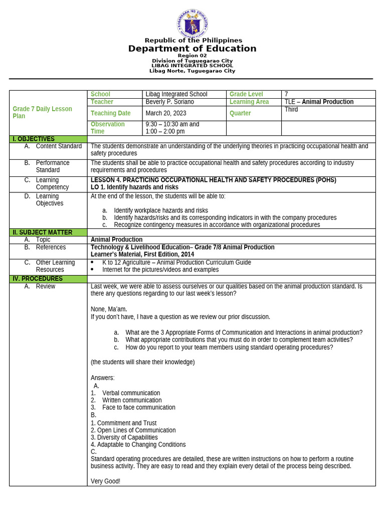 Detailed Lesson Plan in POHS Identify Hazards and Risks 03-20-23 | PDF ...