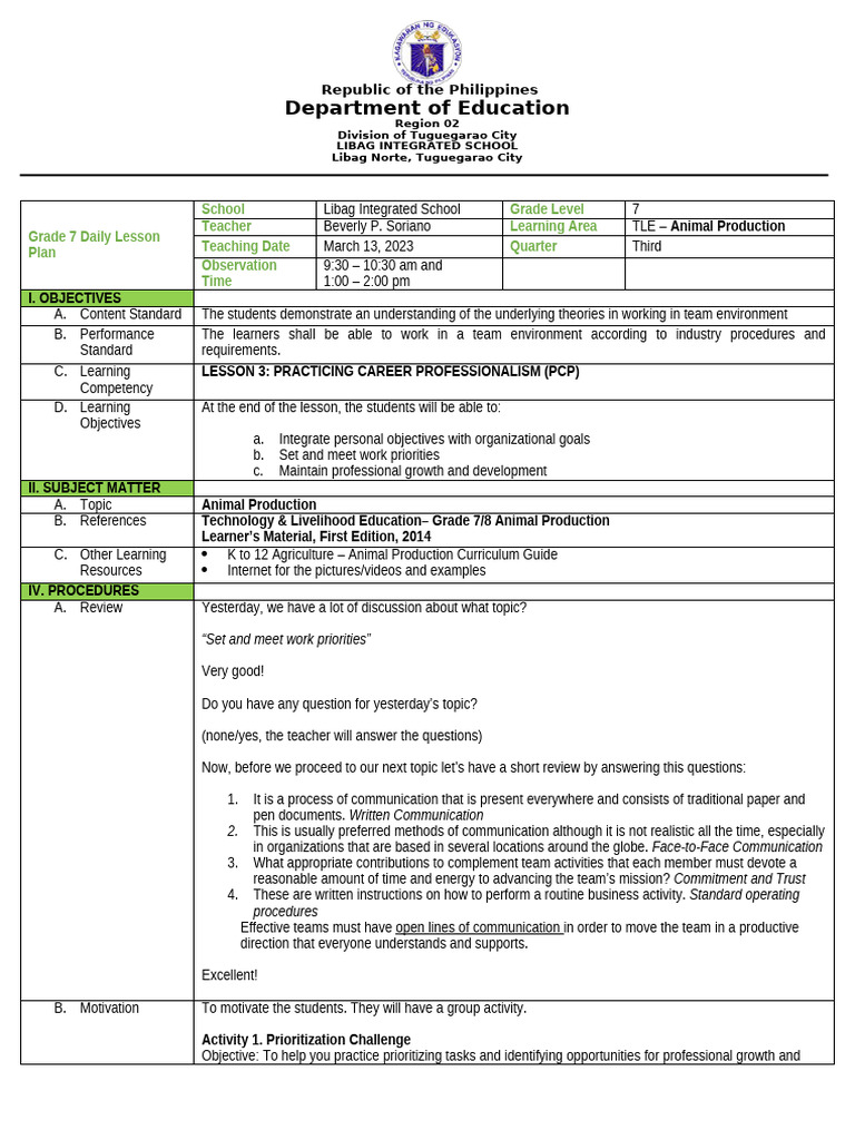 Detailed Lesson Plan in Practicing Career Professionalism (PCP) 03-13 ...