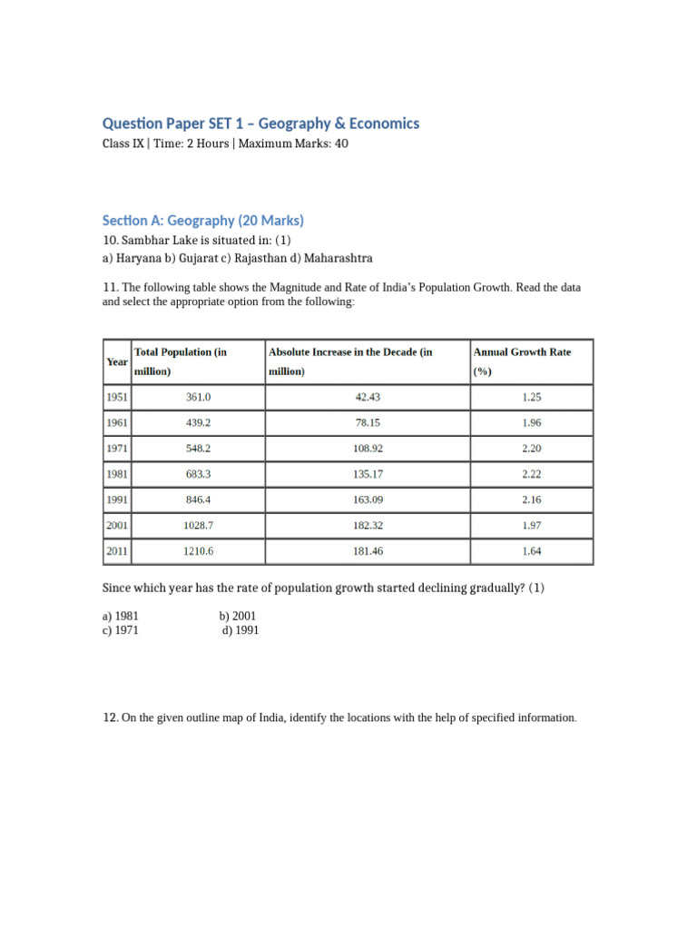 Class 9 Geography Economics Question Paper 40 Marks | PDF | Asia ...