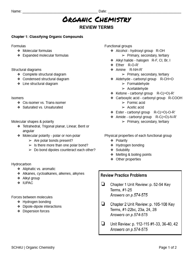 Organic Chemistry REVIEW TERMS - Student Handout | PDF | Alkene | Ester